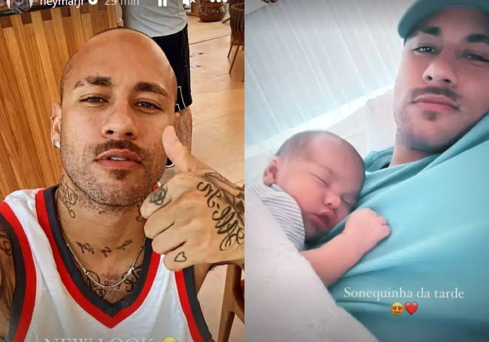 Neymar posa com a filha e exibe seu novo visual careca