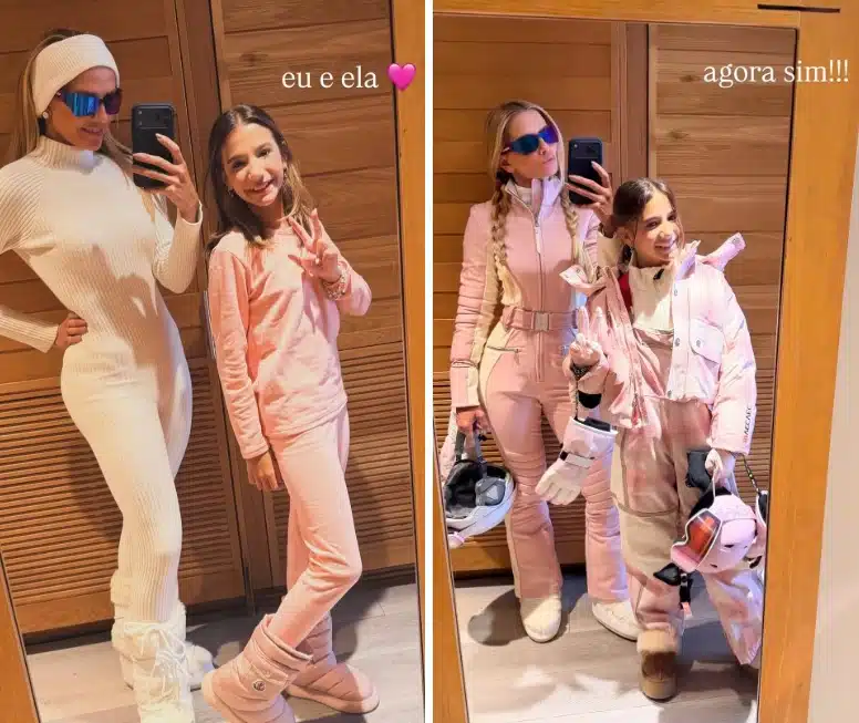 Deborah Secco posa na neve com filha em viagem aos EUA