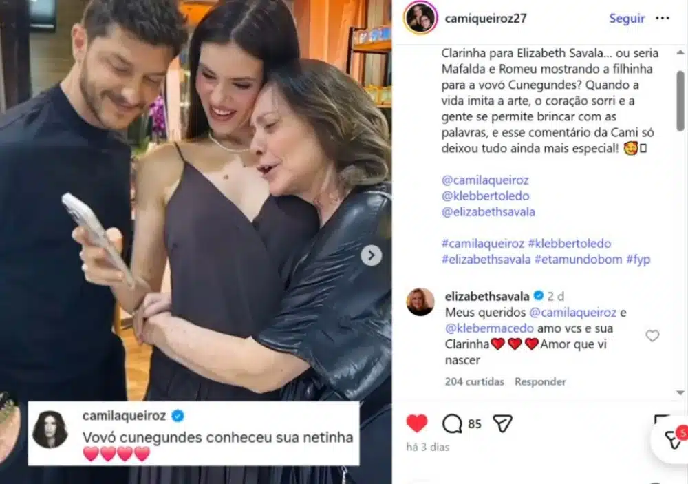 Camila Queiroz mostra filha pra Elizabeth Savala: 'netinha'