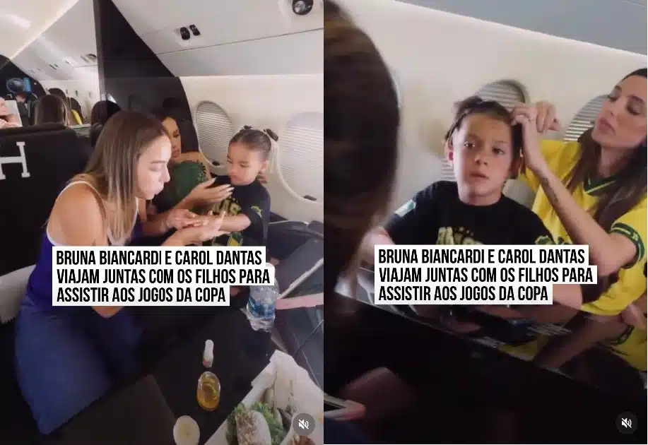 Carol Dantas e Bruna viajam juntas com os filhos pra copa